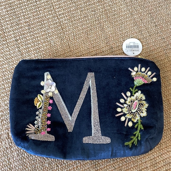 Paper Source | Bags | Nwt Paper Source Blue Velvet Monogram M Pouch Zip W Inside Zip Pocket 3d ...